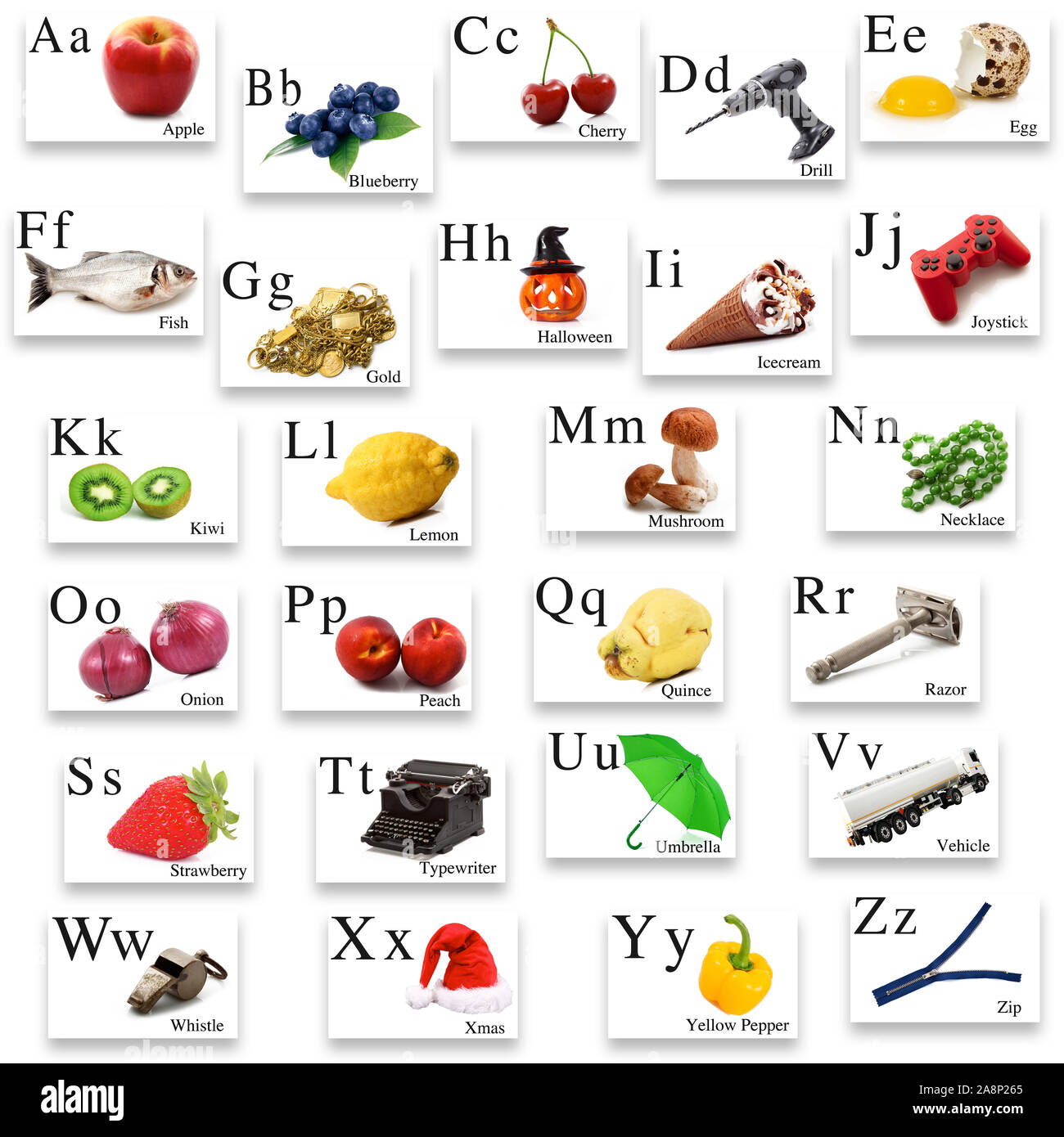 English alphabet with image on white background Stock Photo - Alamy