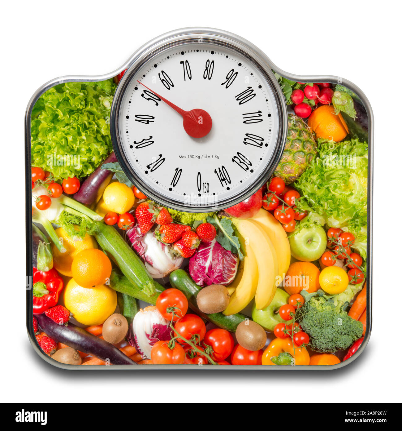 Scales for people with fruit and vegetables on white background Stock ...
