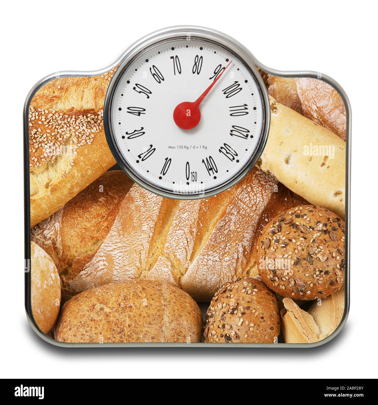 Scales for people with fresh bread on white background Stock Photo - Alamy