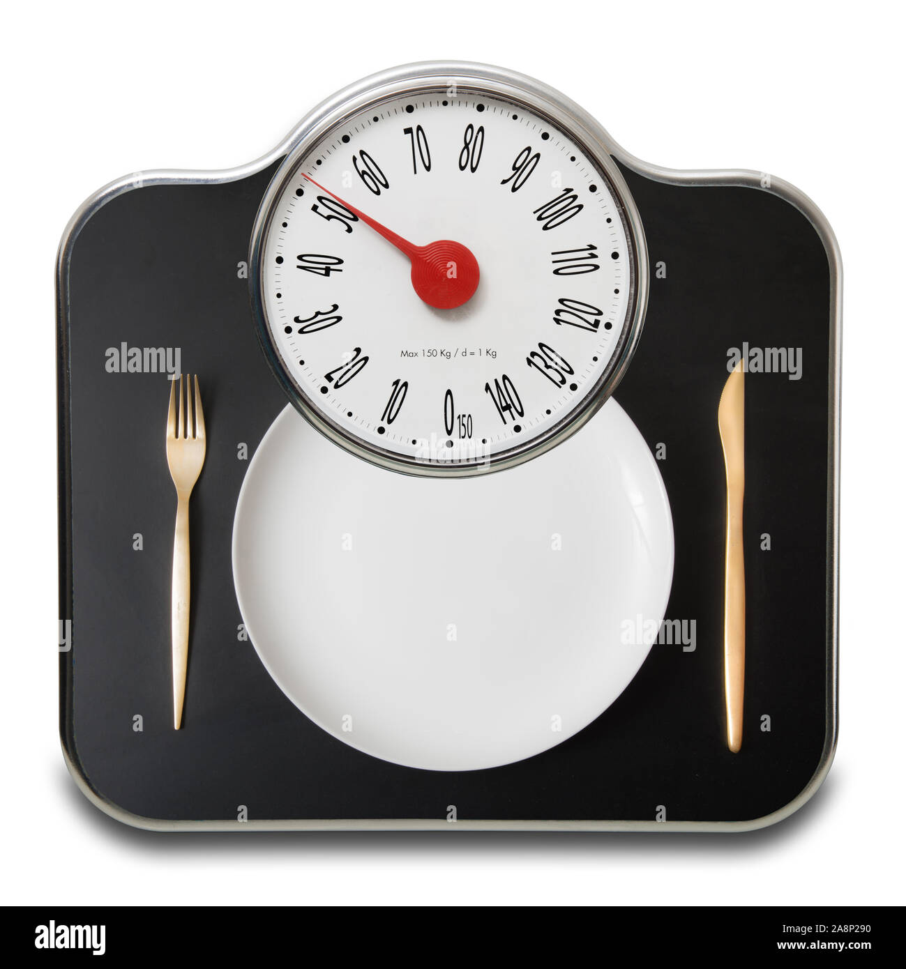 Scales for people with dish on white background Stock Photo - Alamy