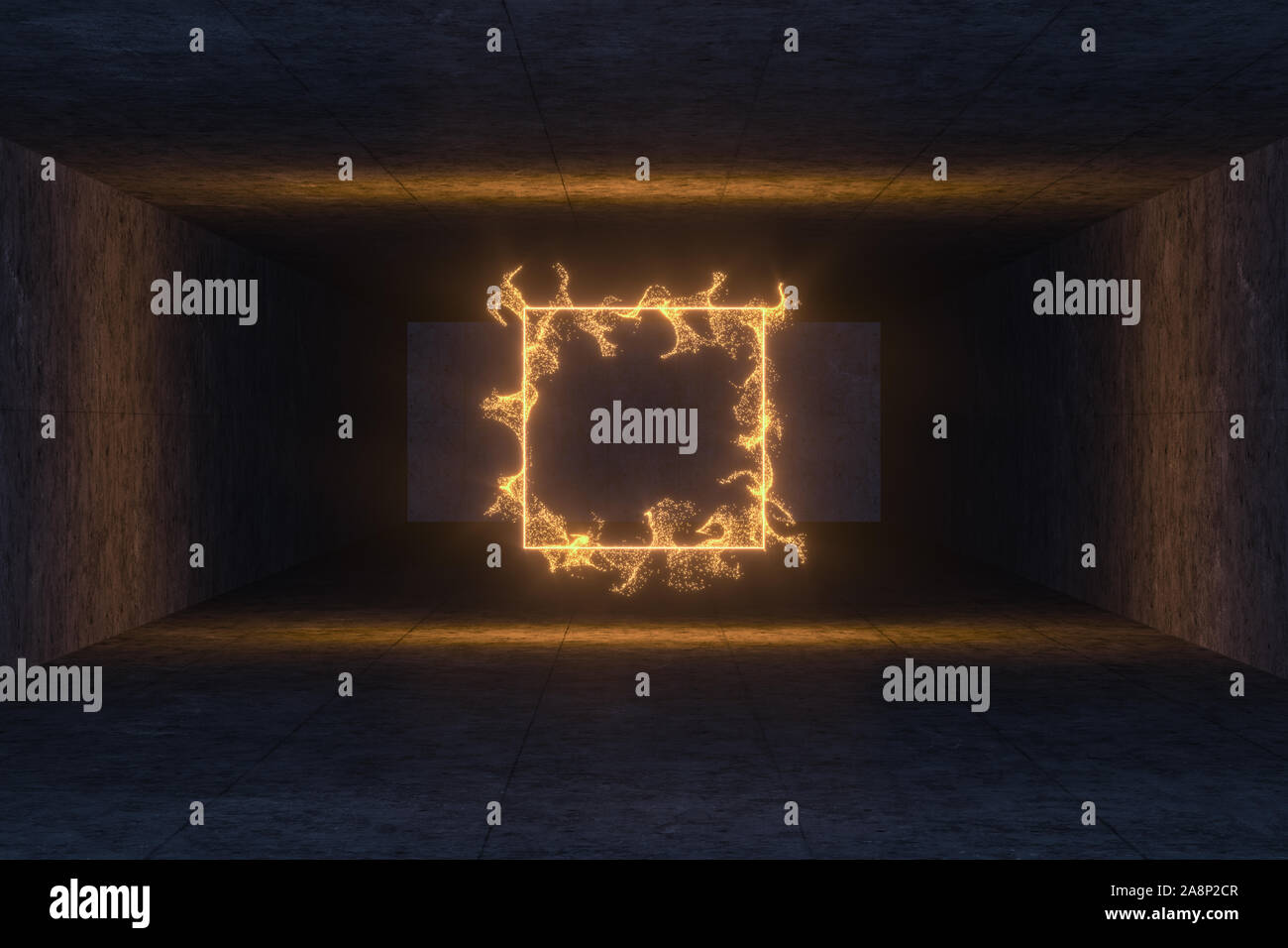 The particles with geometrical shape in a dark room, 3d rendering ...