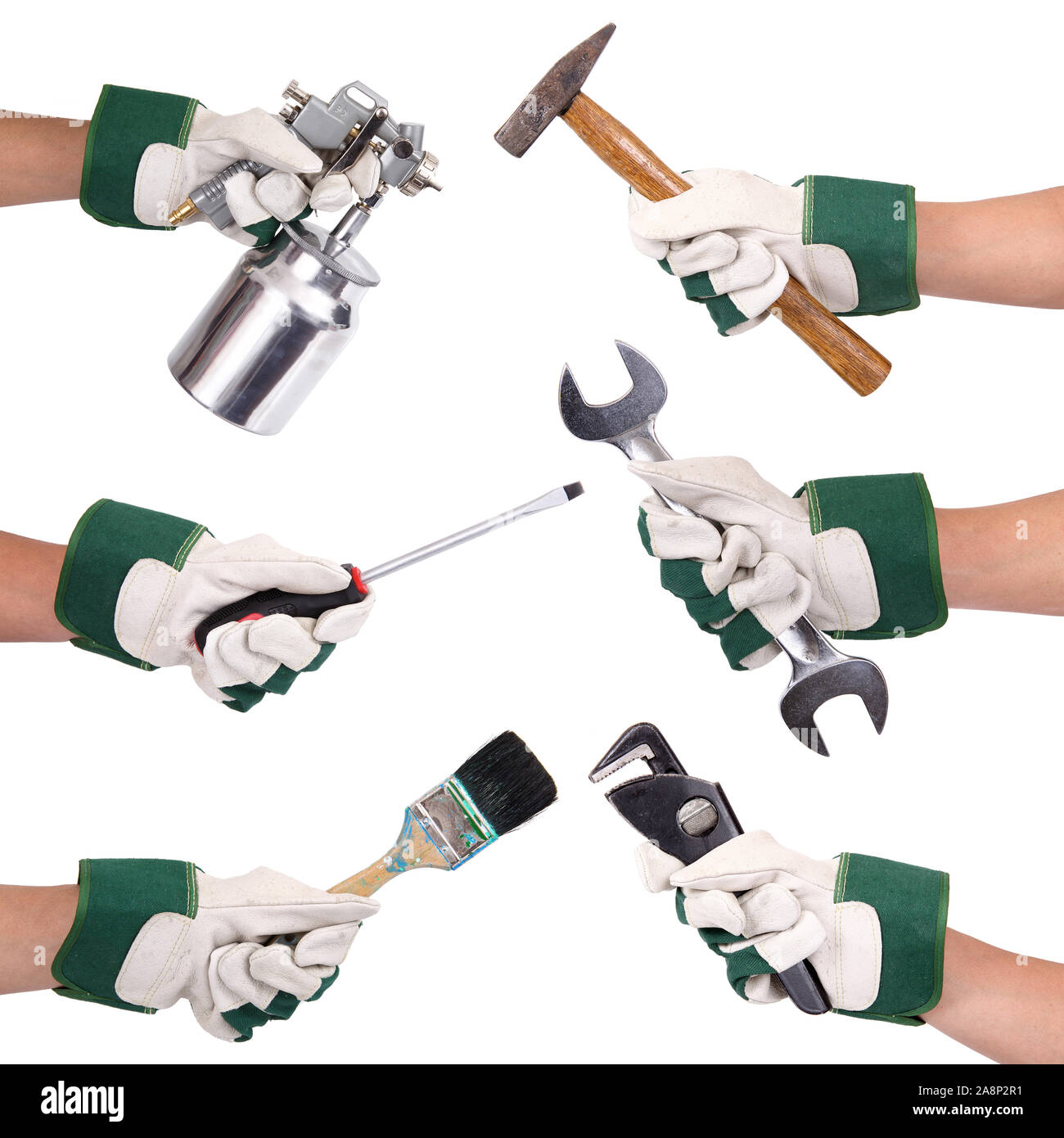 hands with gloves and tools collage on white background Stock Photo - Alamy