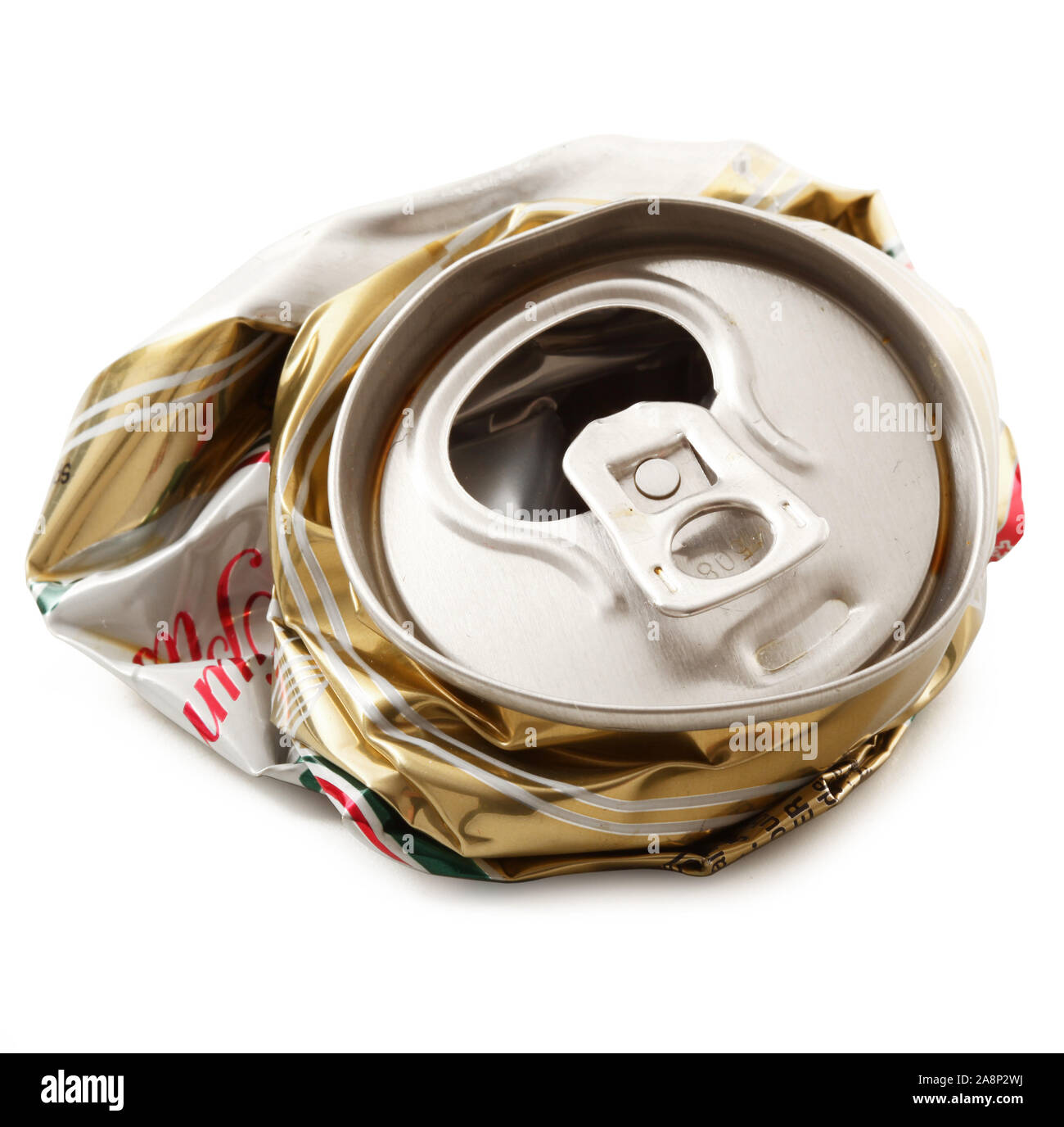 Crushed aluminum can on white background Stock Photo - Alamy