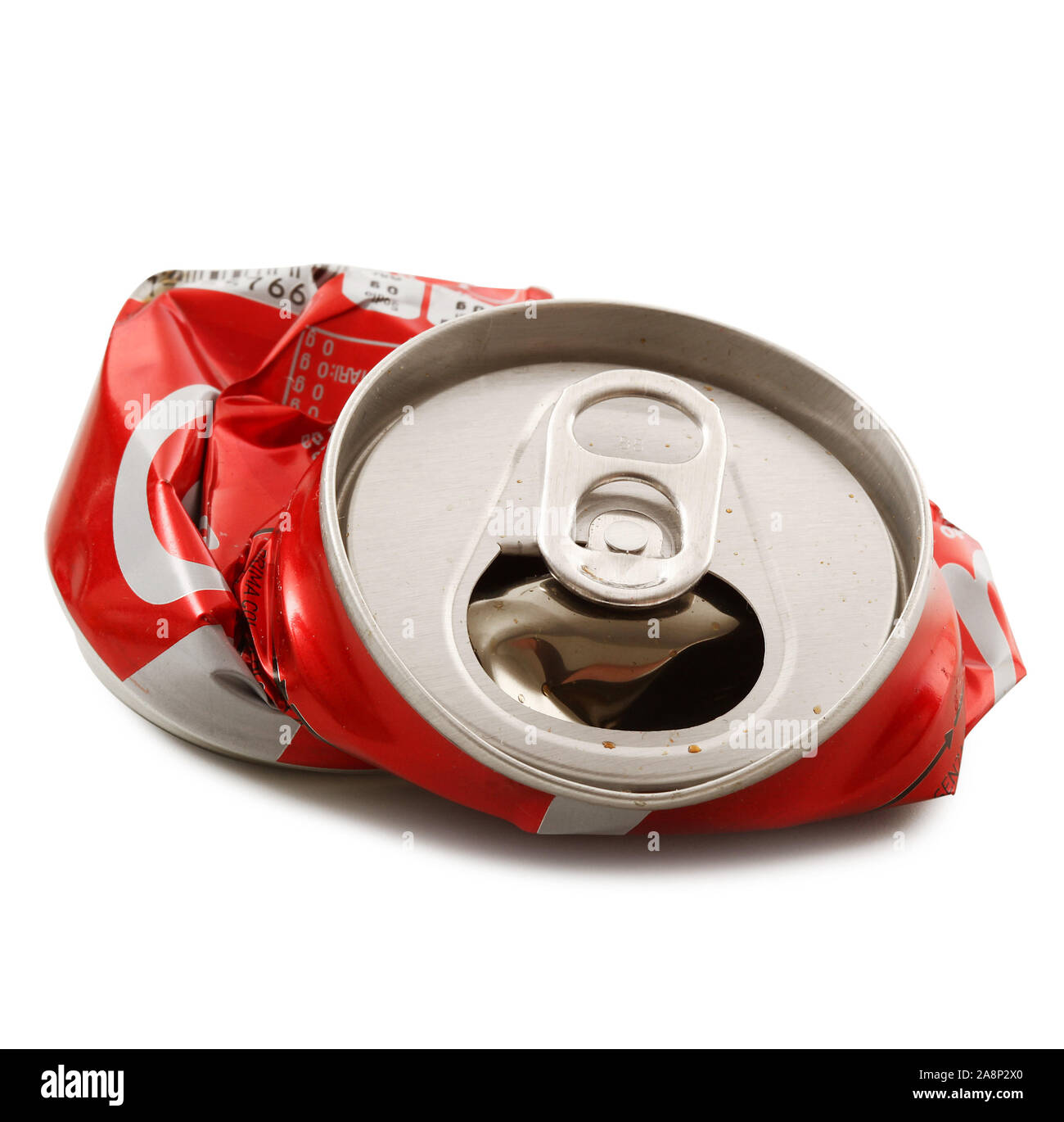 Crushed aluminum can on white background Stock Photo - Alamy