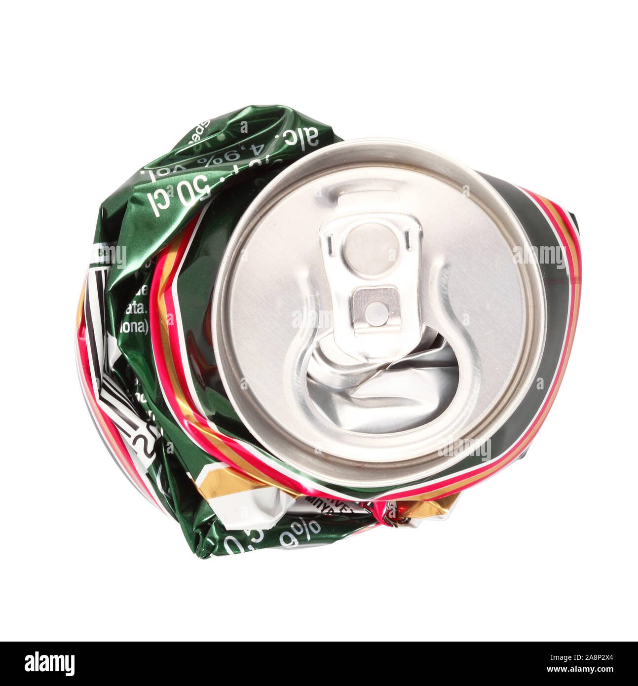 Crushed aluminum can on white background Stock Photo - Alamy