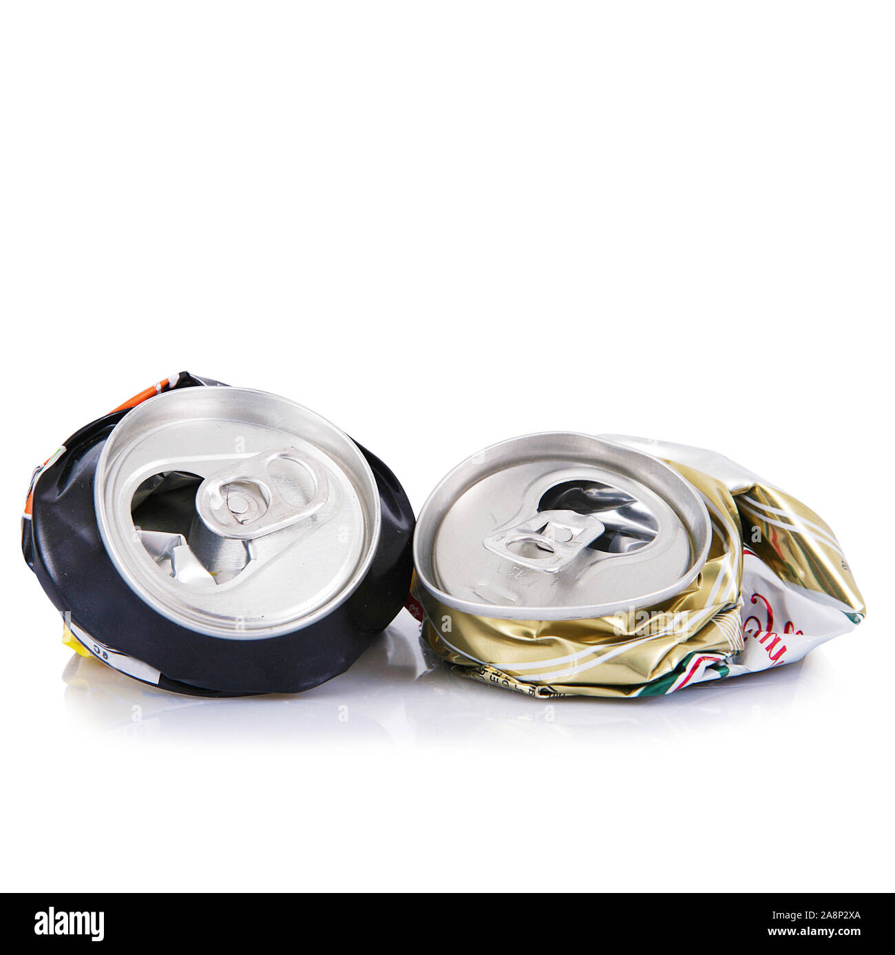 Crushed aluminum can on white background Stock Photo - Alamy