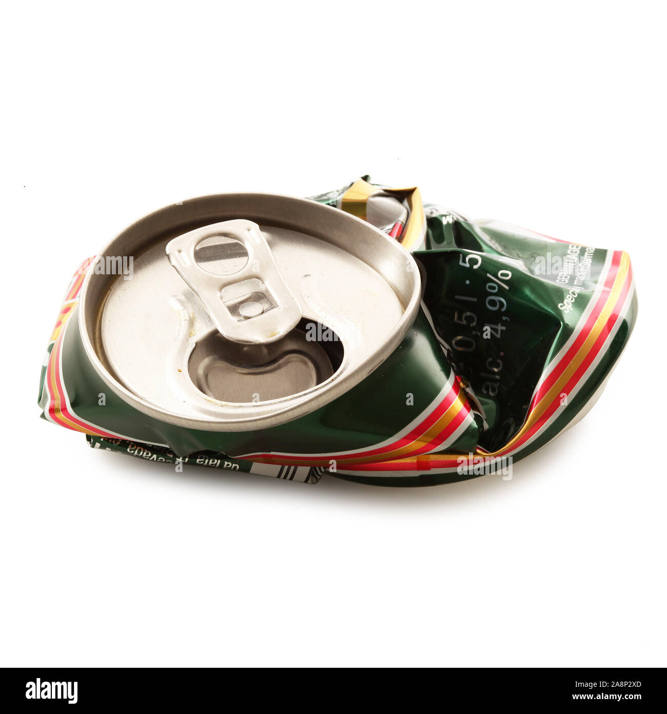 Crushed aluminum can on white background Stock Photo - Alamy