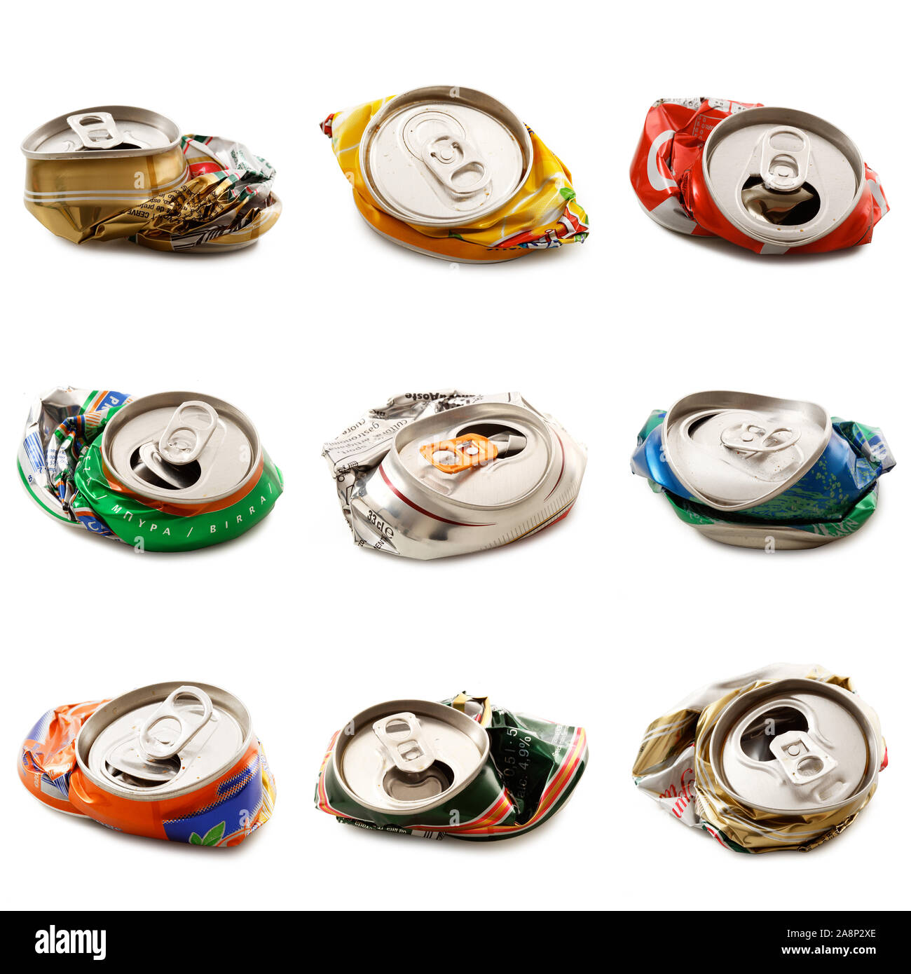 Crushed aluminum can collage on white background Stock Photo - Alamy
