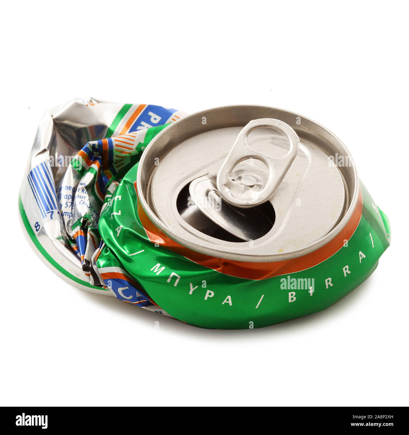 Crushed aluminum can on white background Stock Photo - Alamy