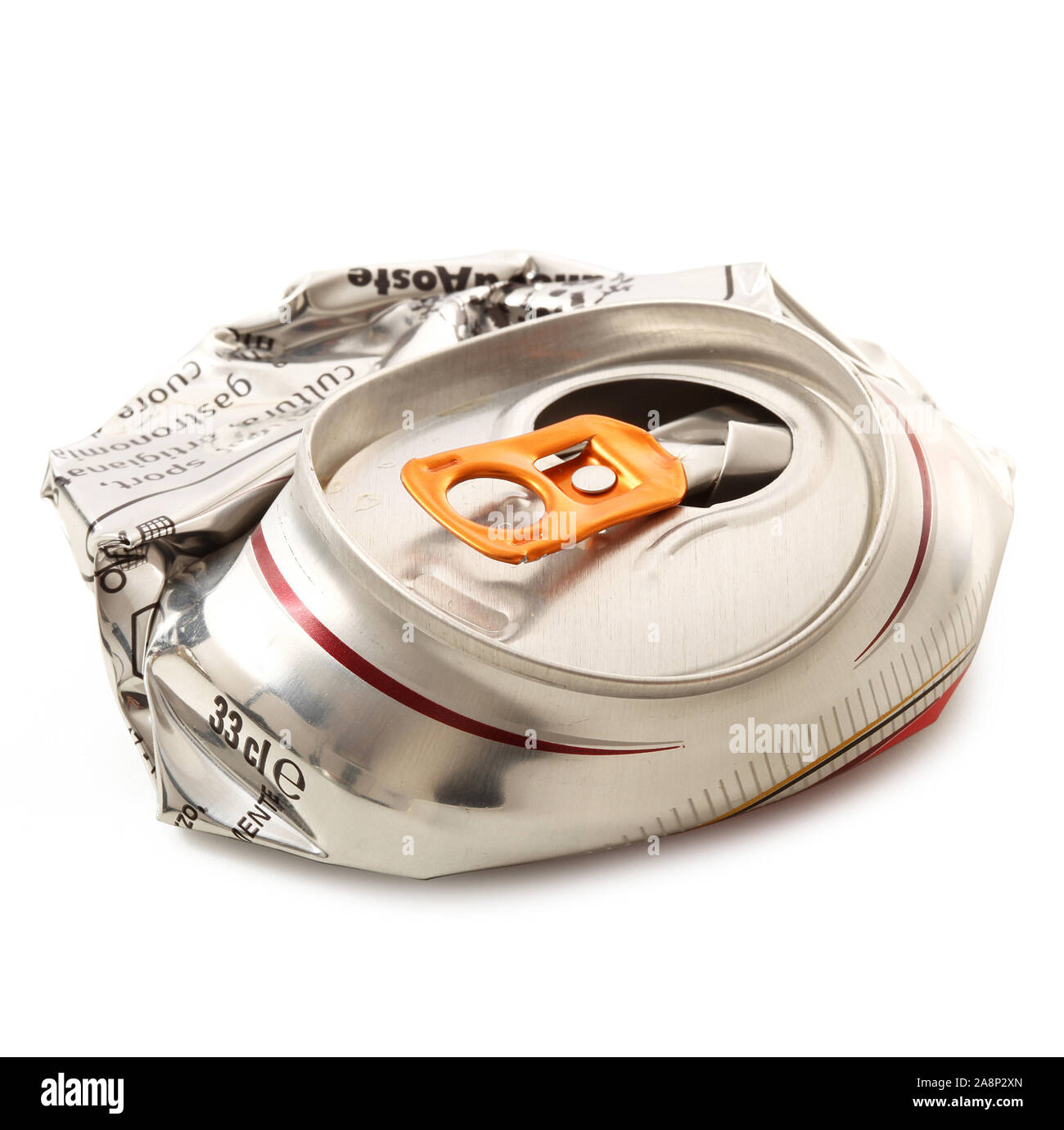 Crushed aluminum can on white background Stock Photo - Alamy