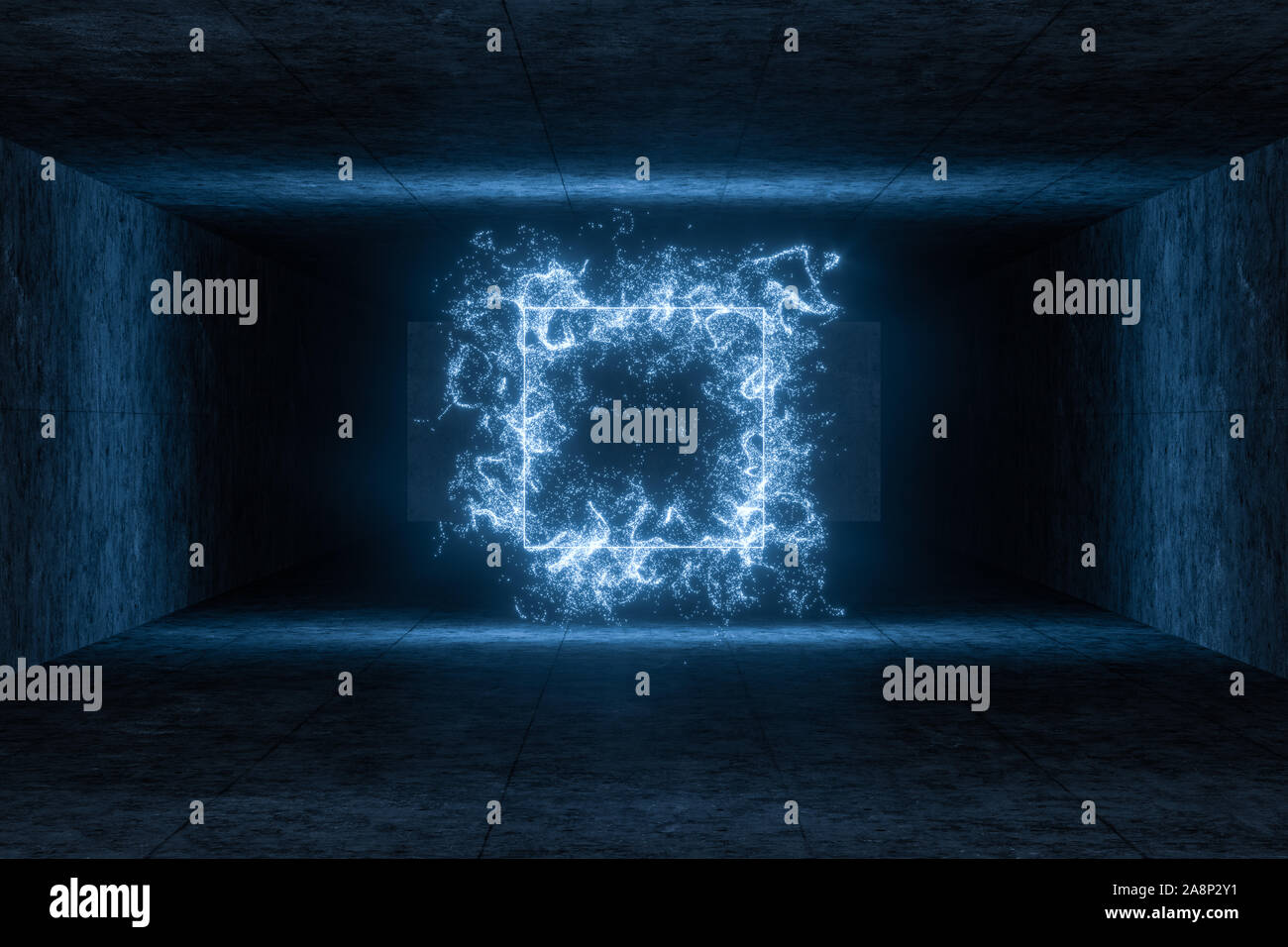 The particles with geometrical shape in a dark room, 3d rendering ...