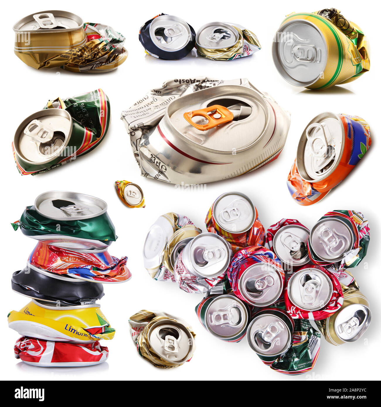 Crushed aluminum can collage on white background Stock Photo - Alamy