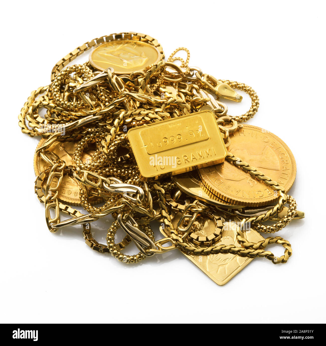 precious gold objects on white background Stock Photo - Alamy