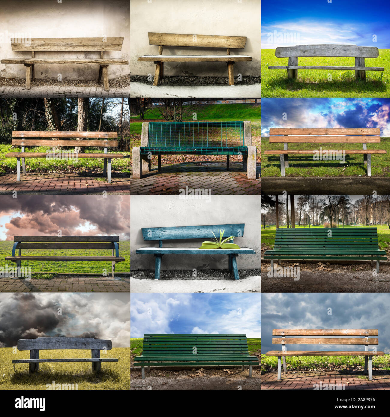 collage of benches in public park Stock Photo - Alamy