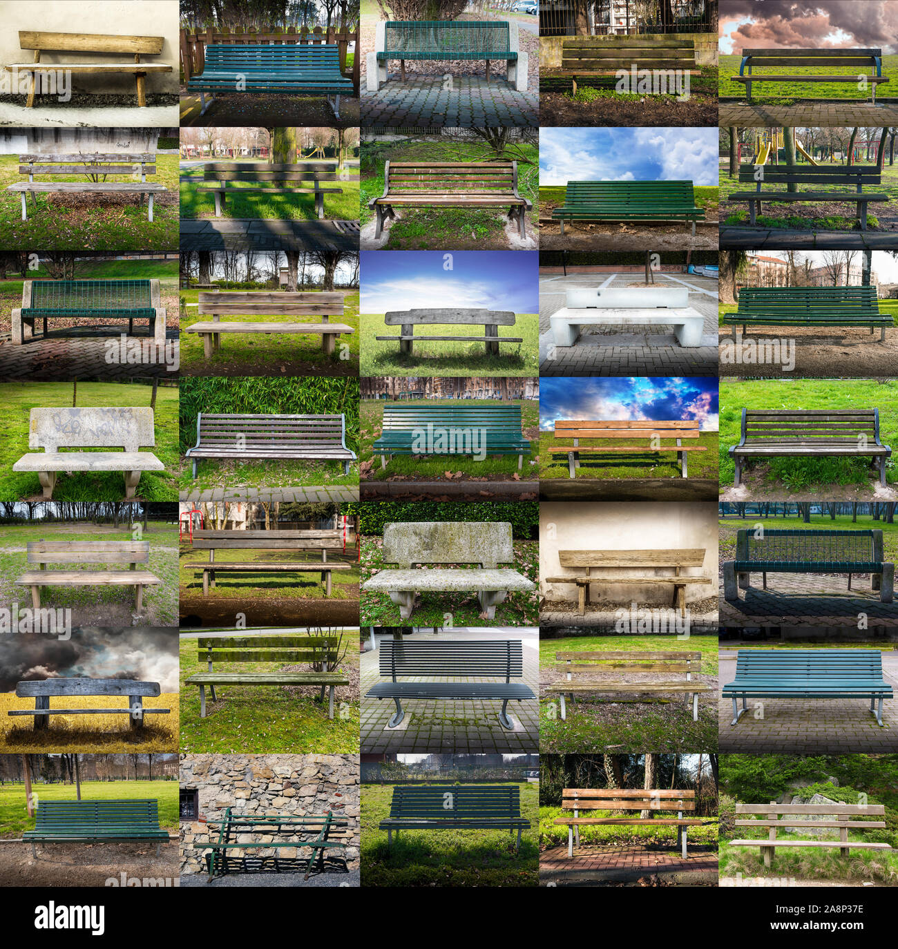 collage of benches in public park Stock Photo - Alamy