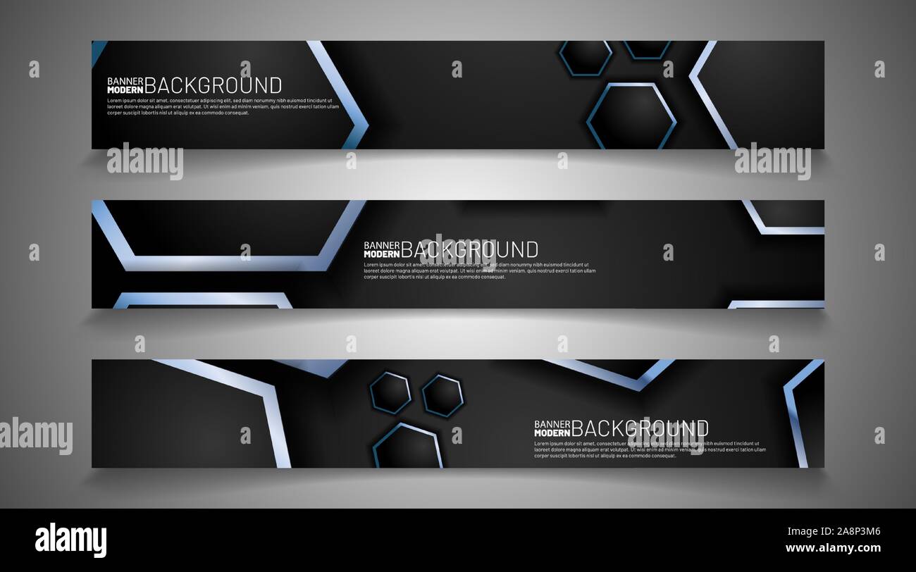 collection vector banners. overlapping blue hexagon lines on a gray ...