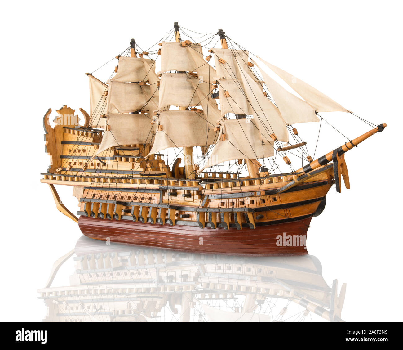 old model of galleon on white background Stock Photo - Alamy