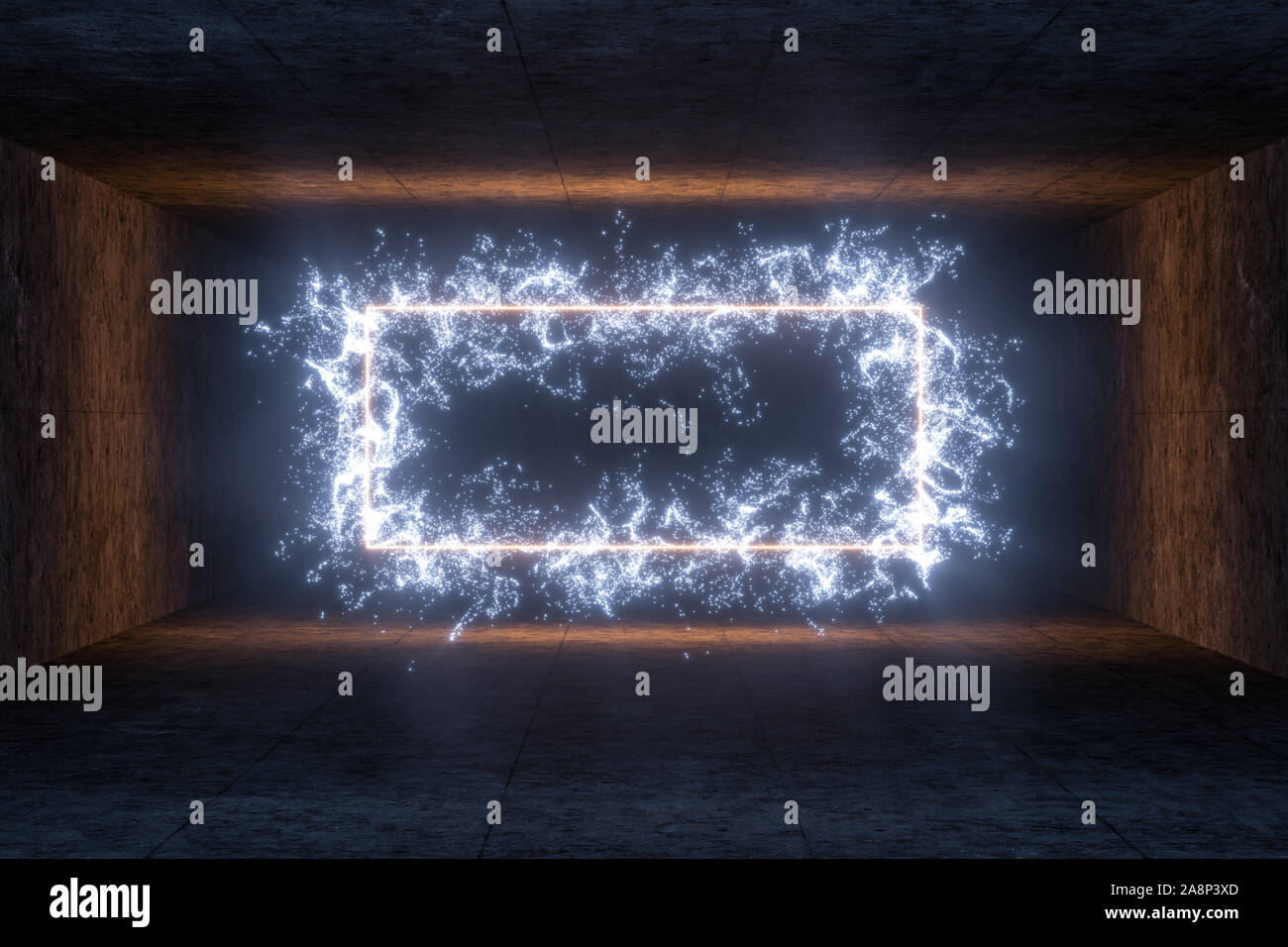The particles with geometrical shape in a dark room, 3d rendering ...