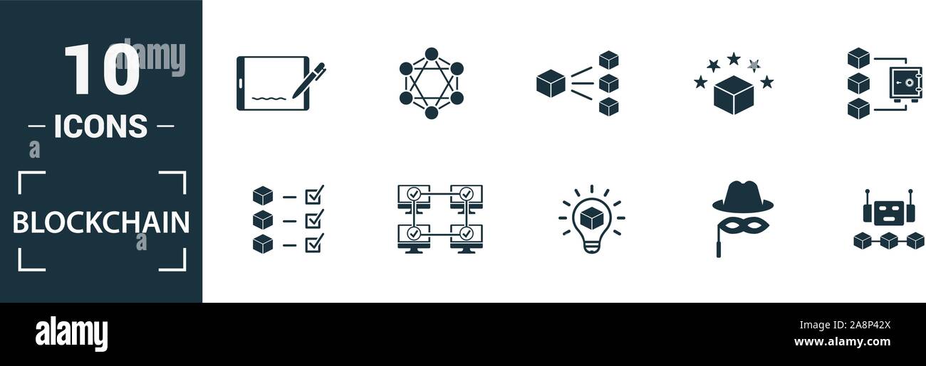 Blockchain icon set. Include creative elements block, distribution ...