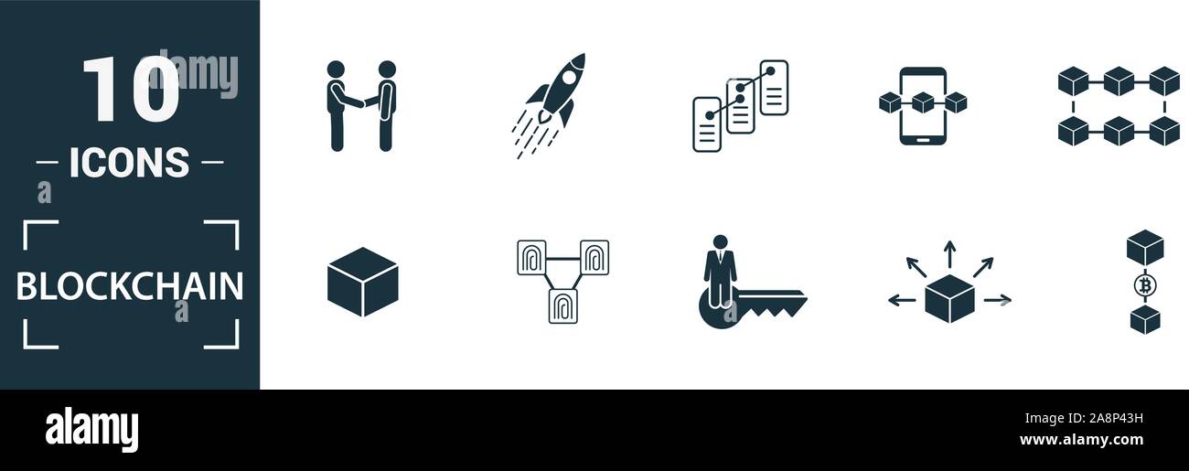 Blockchain icon set. Include creative elements block, distribution ...