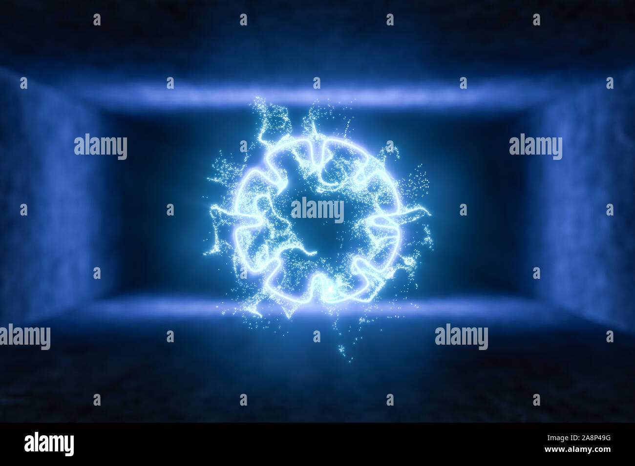 The particles with geometrical shape in a dark room, 3d rendering ...