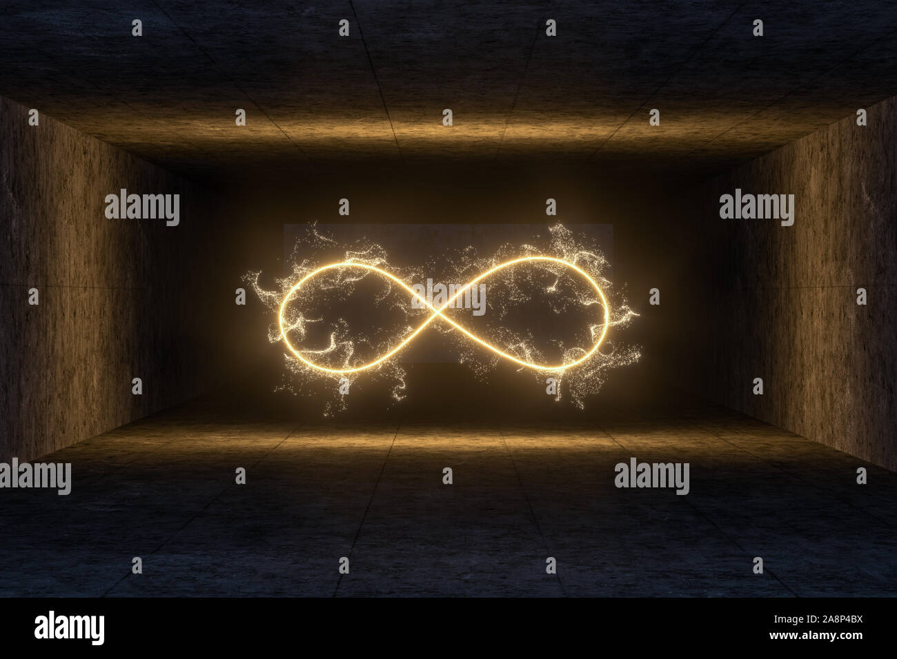 The particles with geometrical shape in a dark room, 3d rendering ...