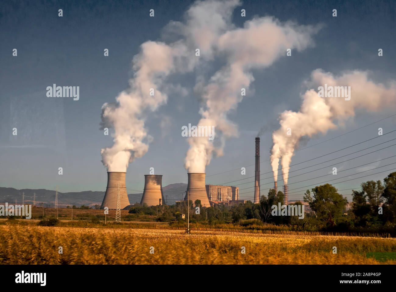 Scenic coal-fired power station in the field of Bobov Dol. Bulgaria ...