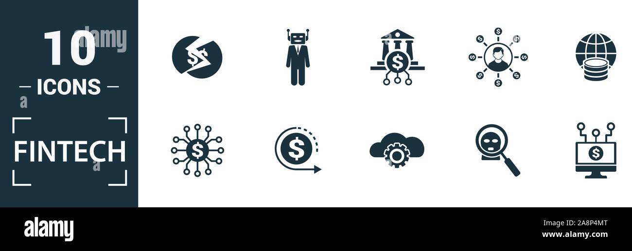 Fintech icon set. Include creative elements online banking, direct ...