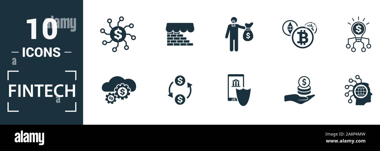 Fintech icon set. Include creative elements online banking, direct ...