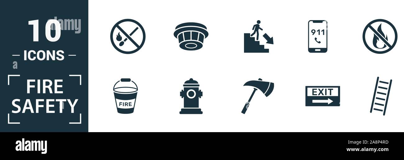 Fire Safety icon set. Include creative elements smoke detector, fire ...