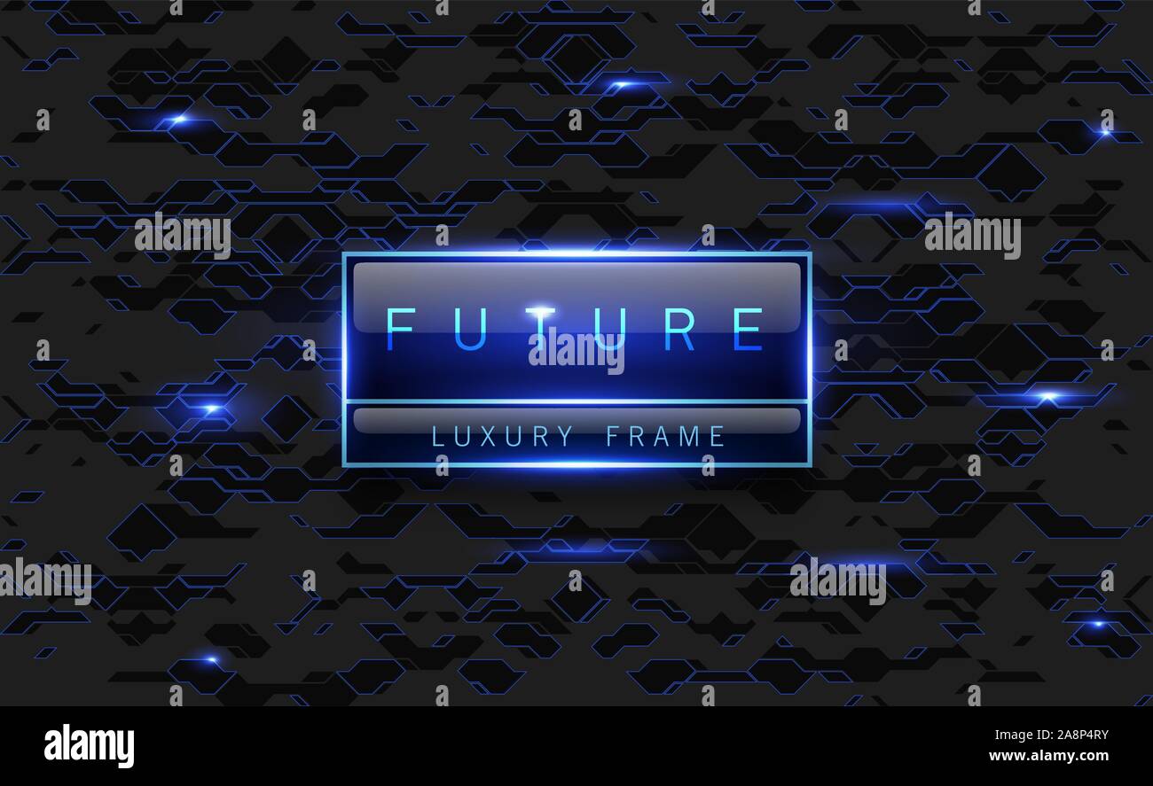 Vector blue futuristic light frame with luminous elements. Black hi ...