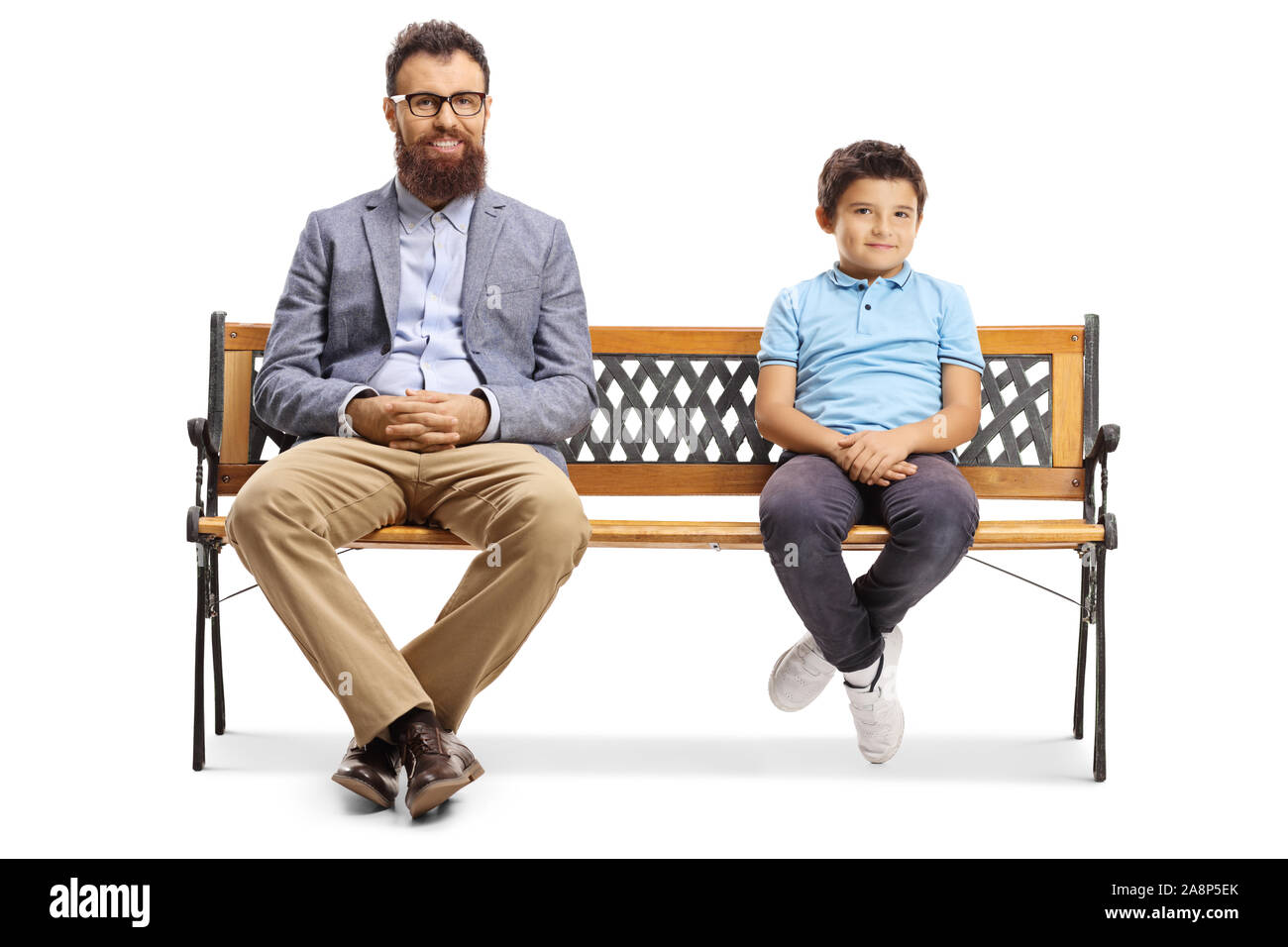 Full Length Portrait Of A Father And Son Sitting On A Bench Isolated On