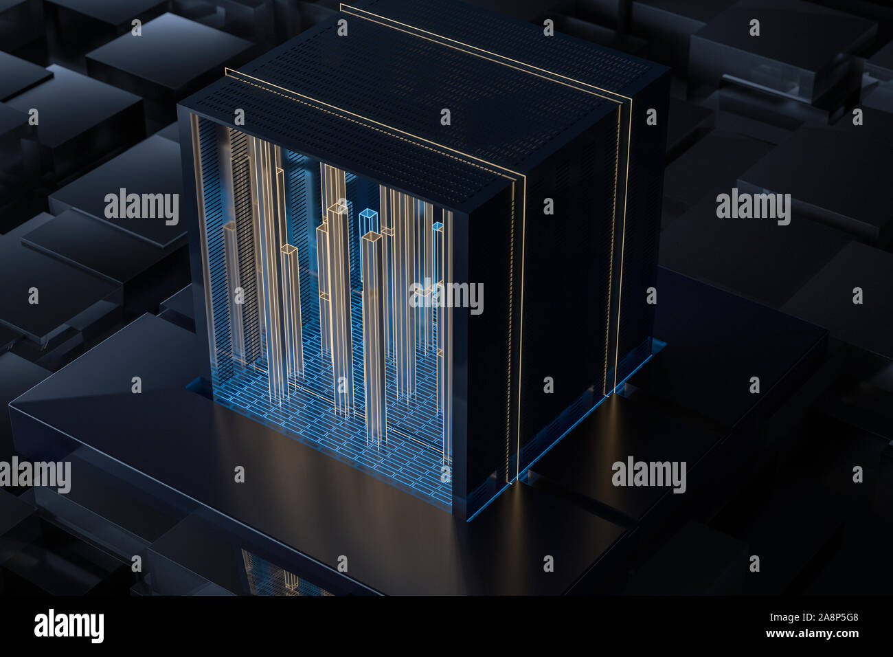 Blue and golden cube with glass material, 3d rendering. Computer ...