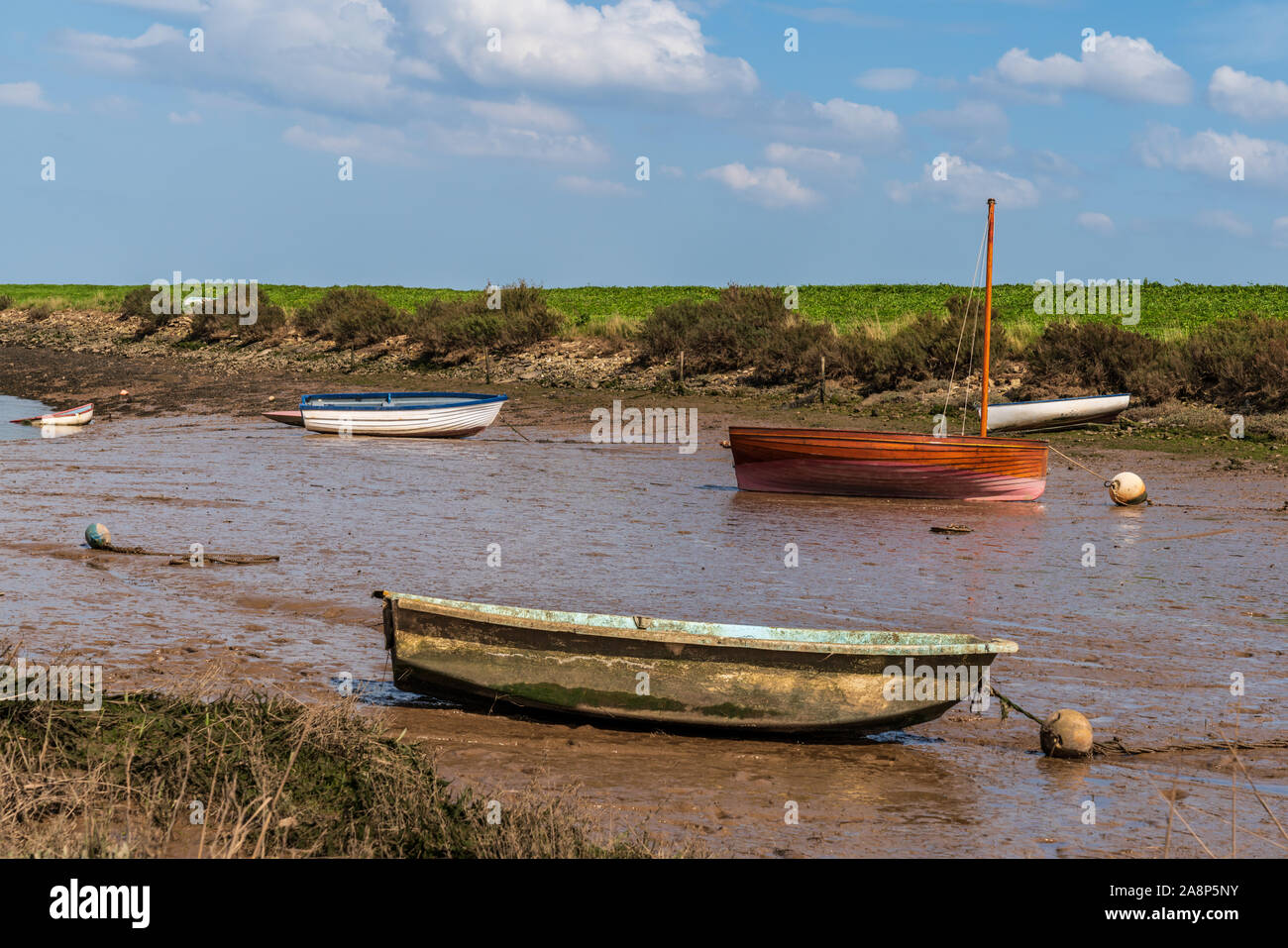 Boats in the Overy Marshes, seen in Burnham Overy Staithe, Norfolk ...