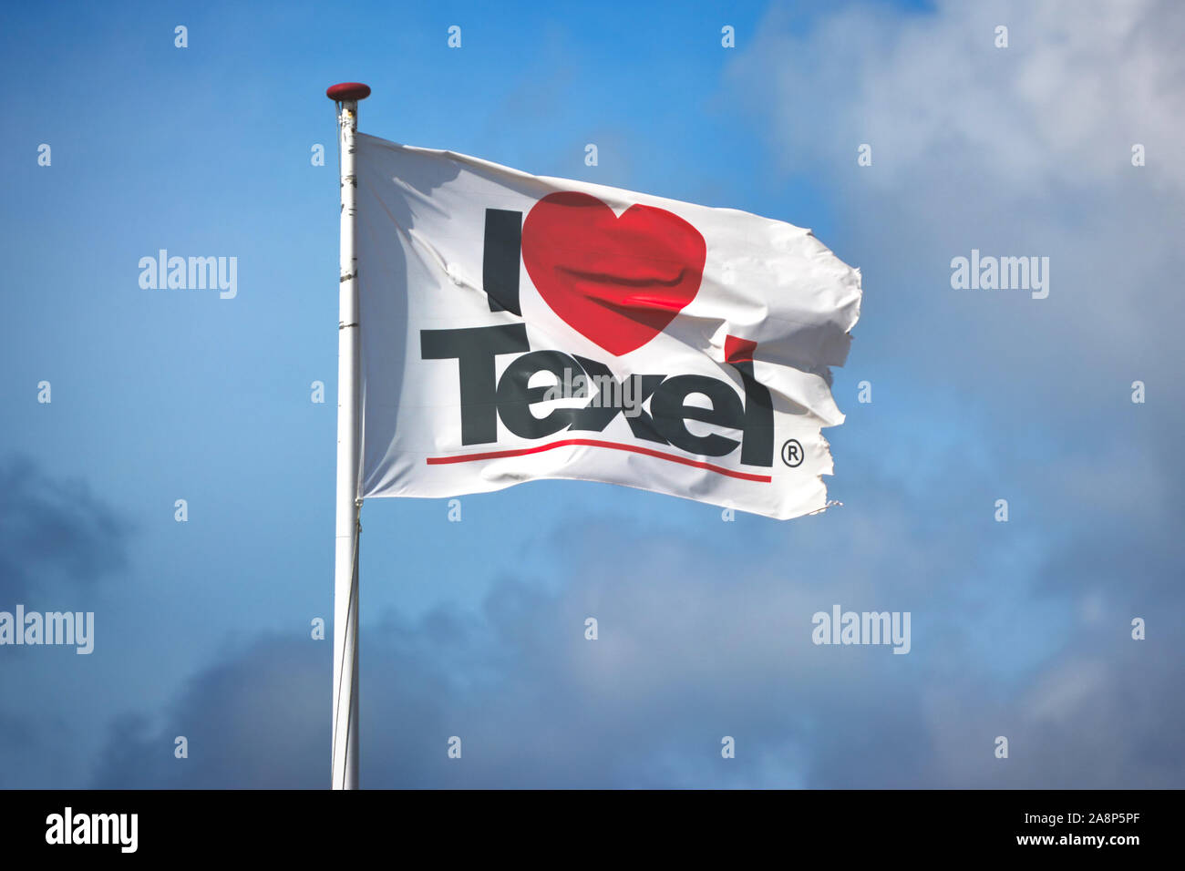 White flag with the words 'I love Texel' with red heart instead of the ...