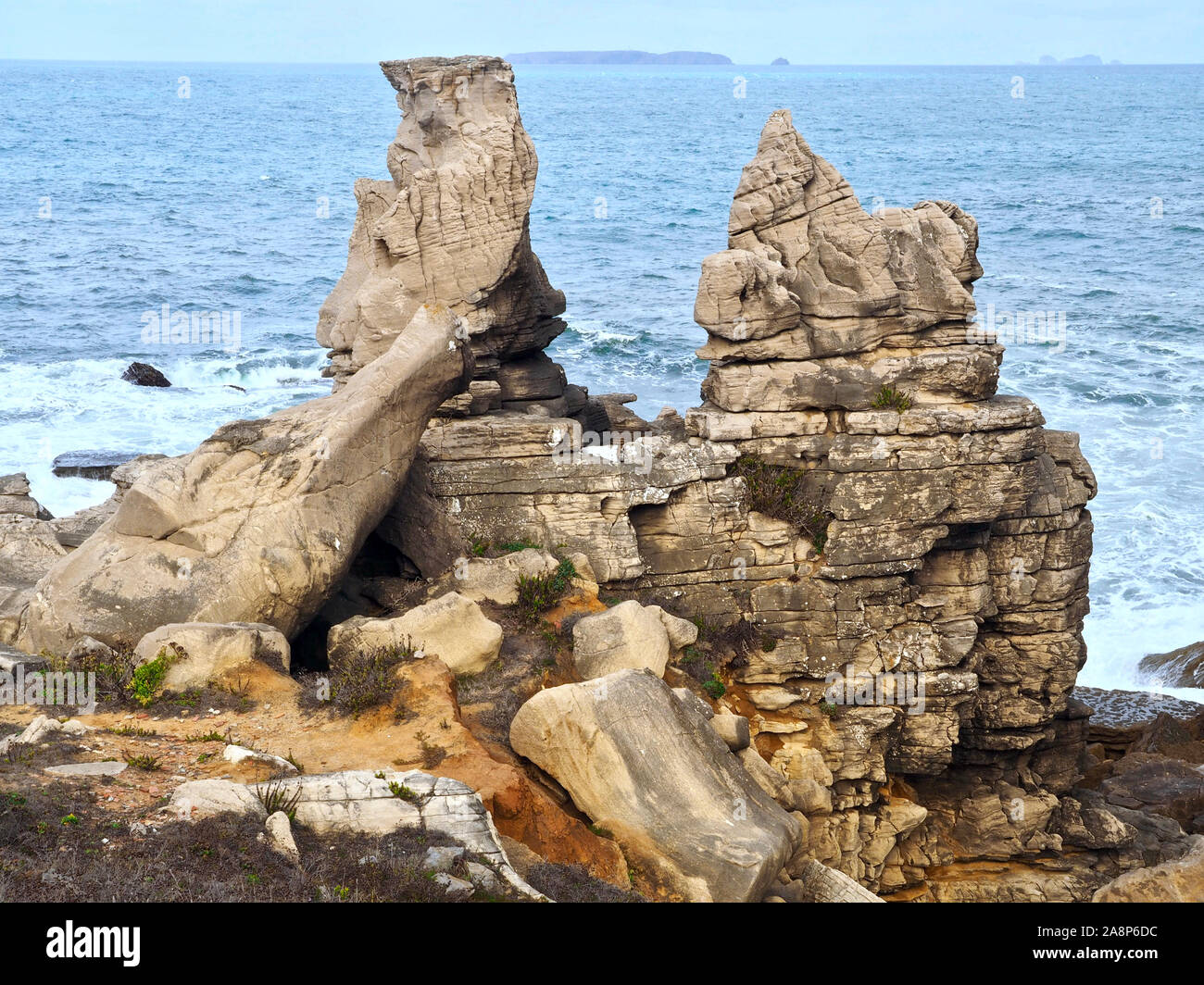 Huge interesting cliffs in Peniche in Portugal with a face Stock Photo ...