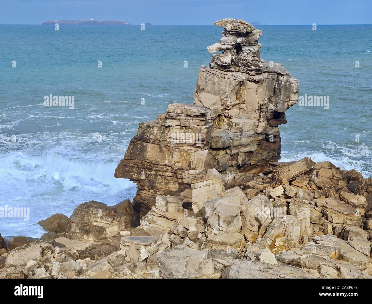 Huge interesting cliffs in Peniche in Portugal with a face Stock Photo ...