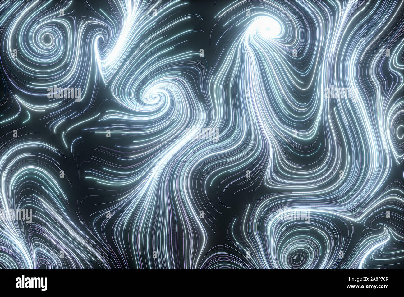 Vortical line pattern, glowing particles trails, 3d rendering. Computer ...