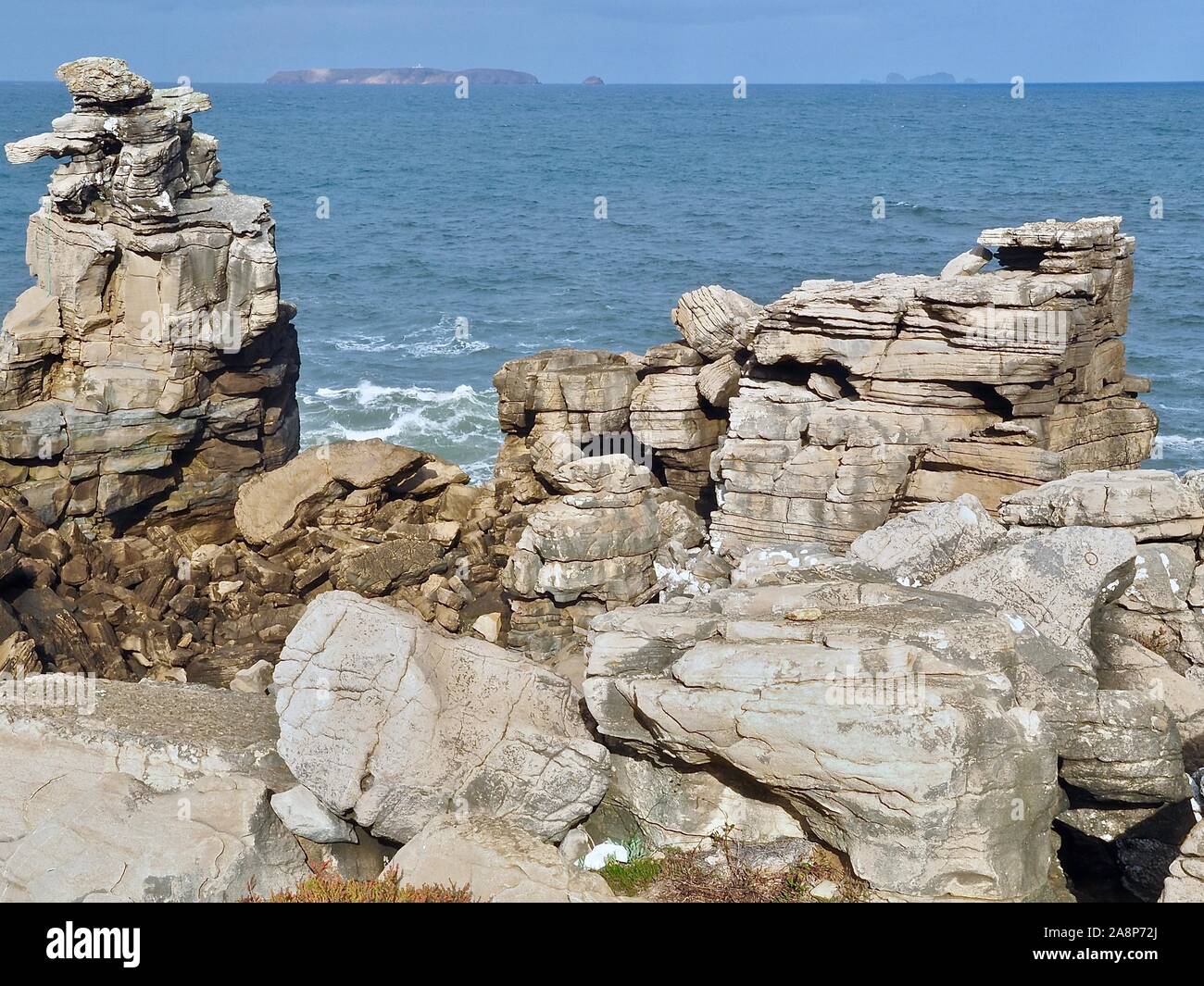 Huge interesting cliffs in Peniche in Portugal with a face Stock Photo ...