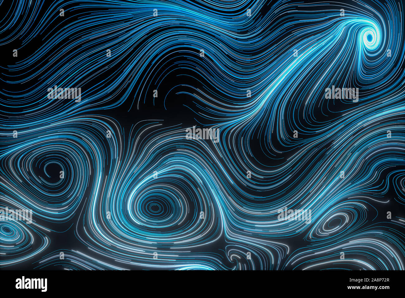 Vortical line pattern, glowing particles trails, 3d rendering. Computer ...