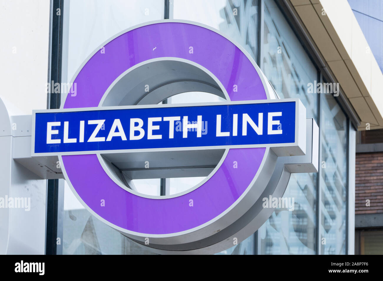 Elizabeth Line signage outside Farringdon Station in the City of London ...