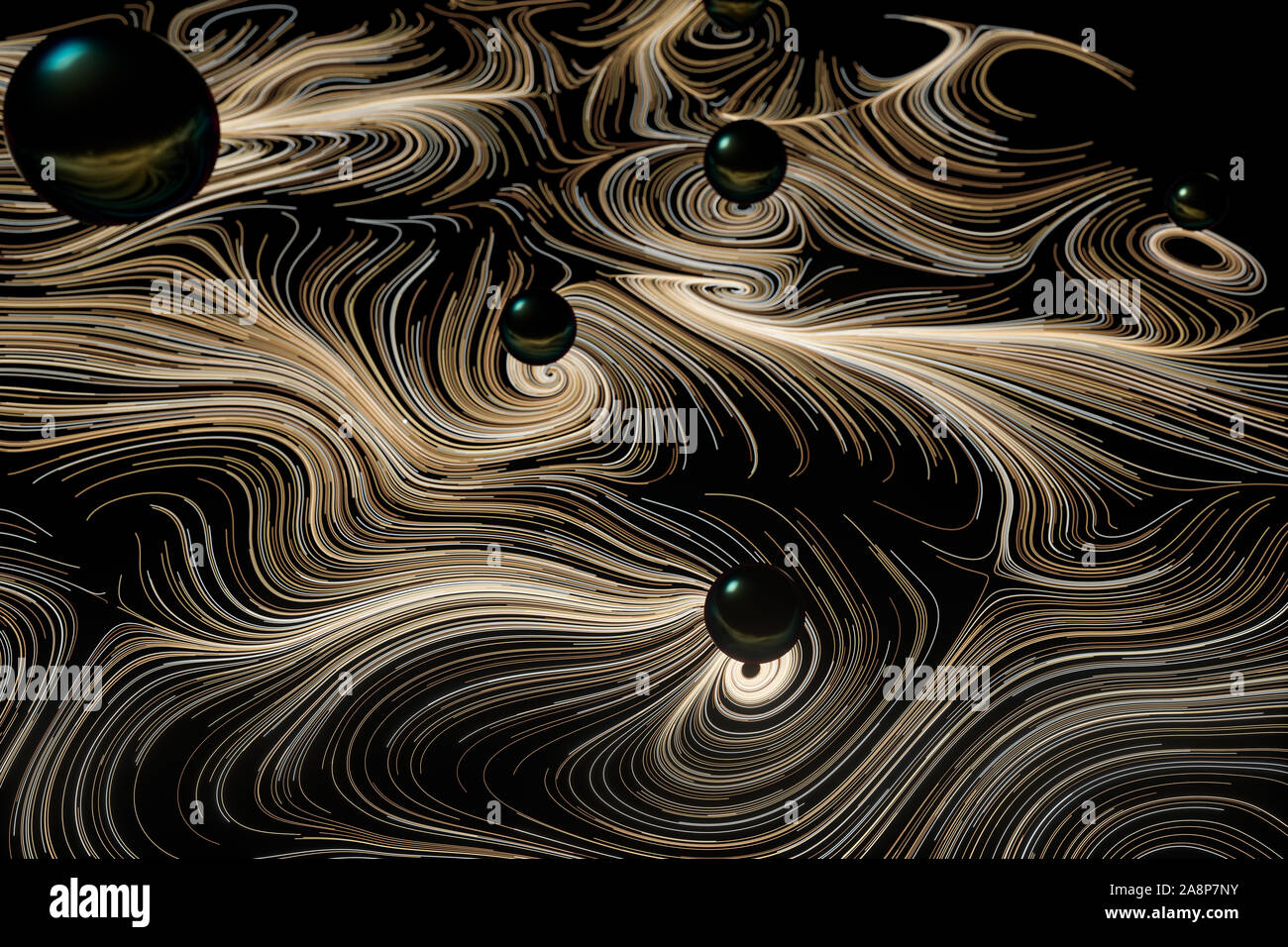 Vortical line pattern, glowing particles trails, 3d rendering. Computer ...