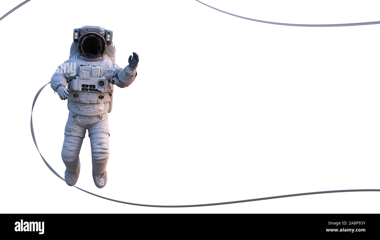 astronaut with safety tether waving during spacewalk, isolated on white ...