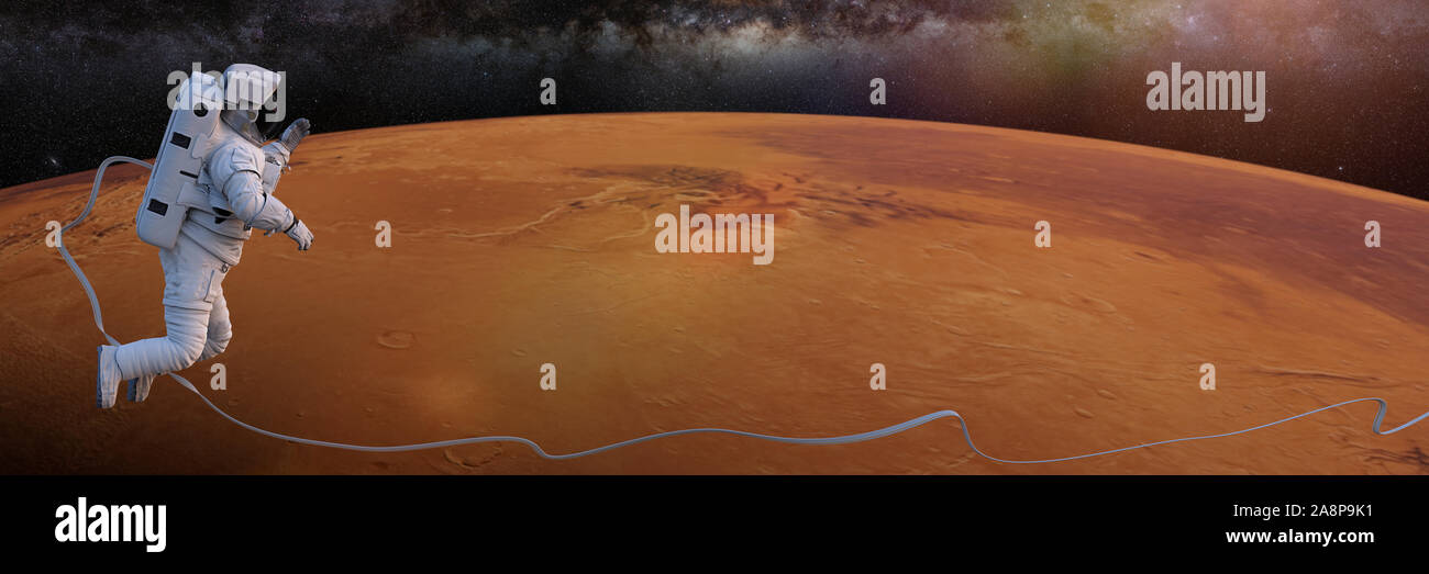 astronaut performing a space walk in orbit of planet Mars Stock Photo ...