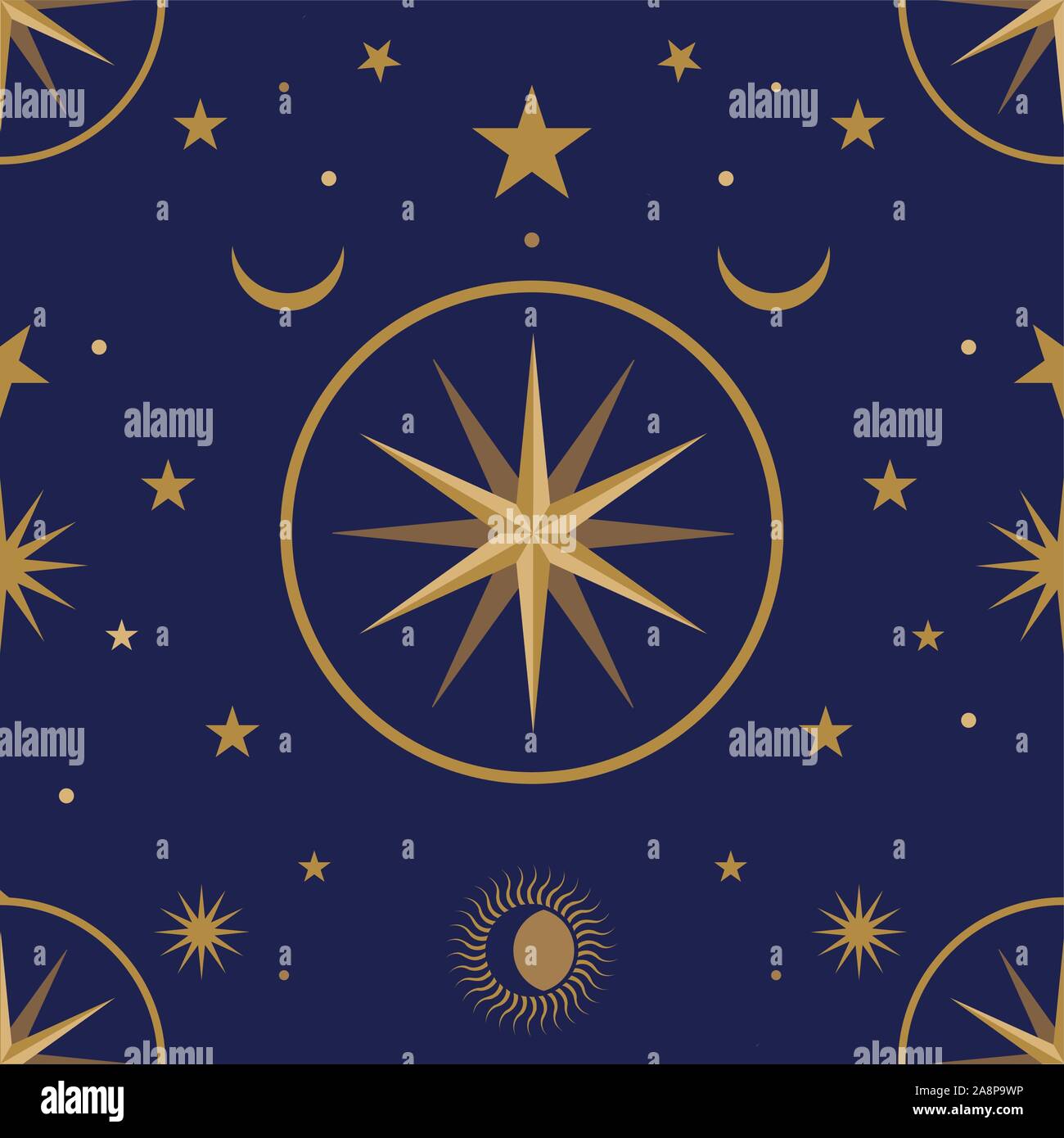 Moon, sun and stars, seamless ornamental pattern Stock Vector Image ...