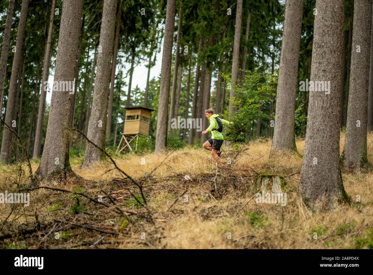 A young athlete in barefoot shoes runs down the mountain. Mountain run ...