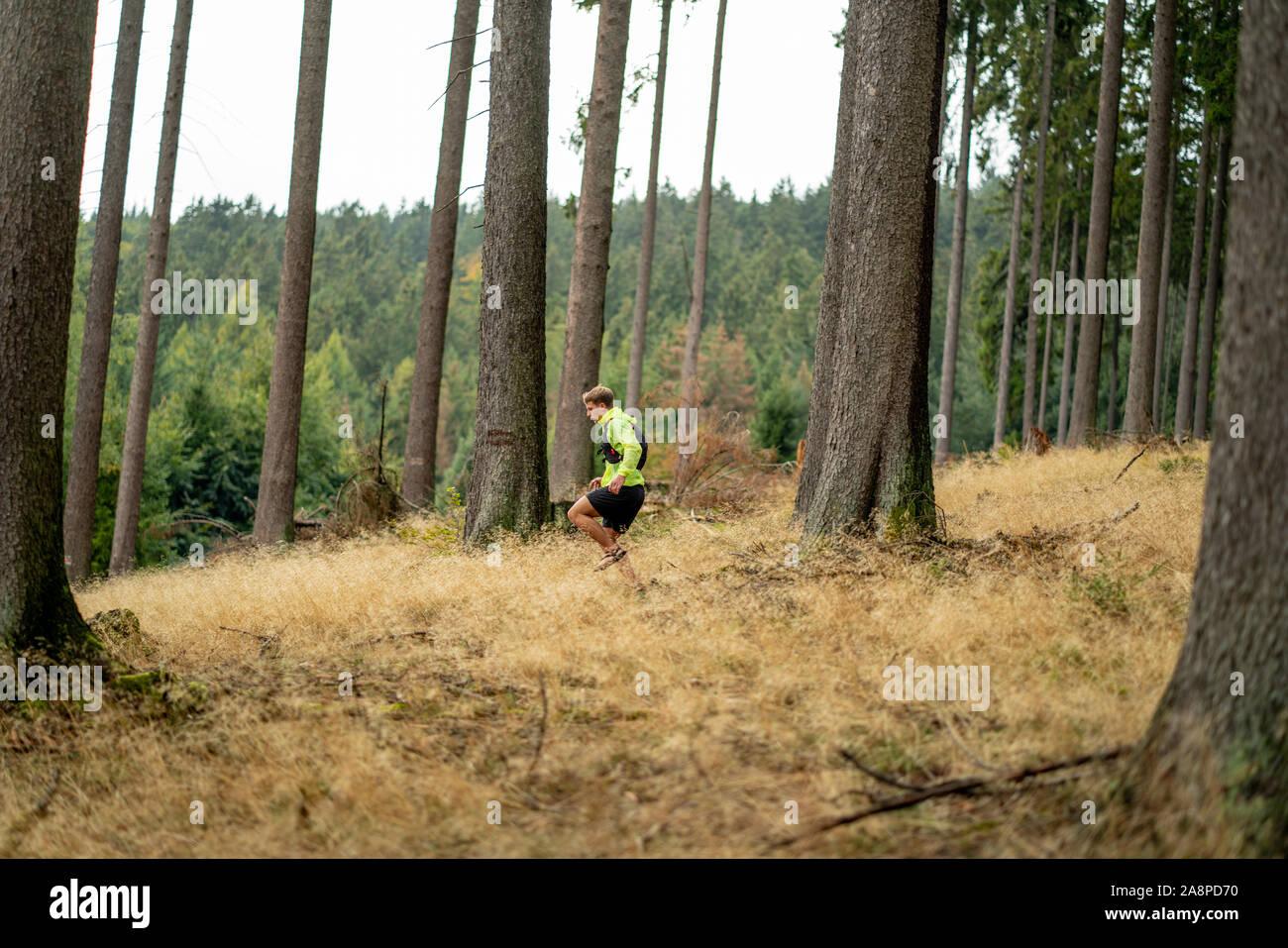 A young athlete in barefoot shoes runs down the mountain. Mountain run ...