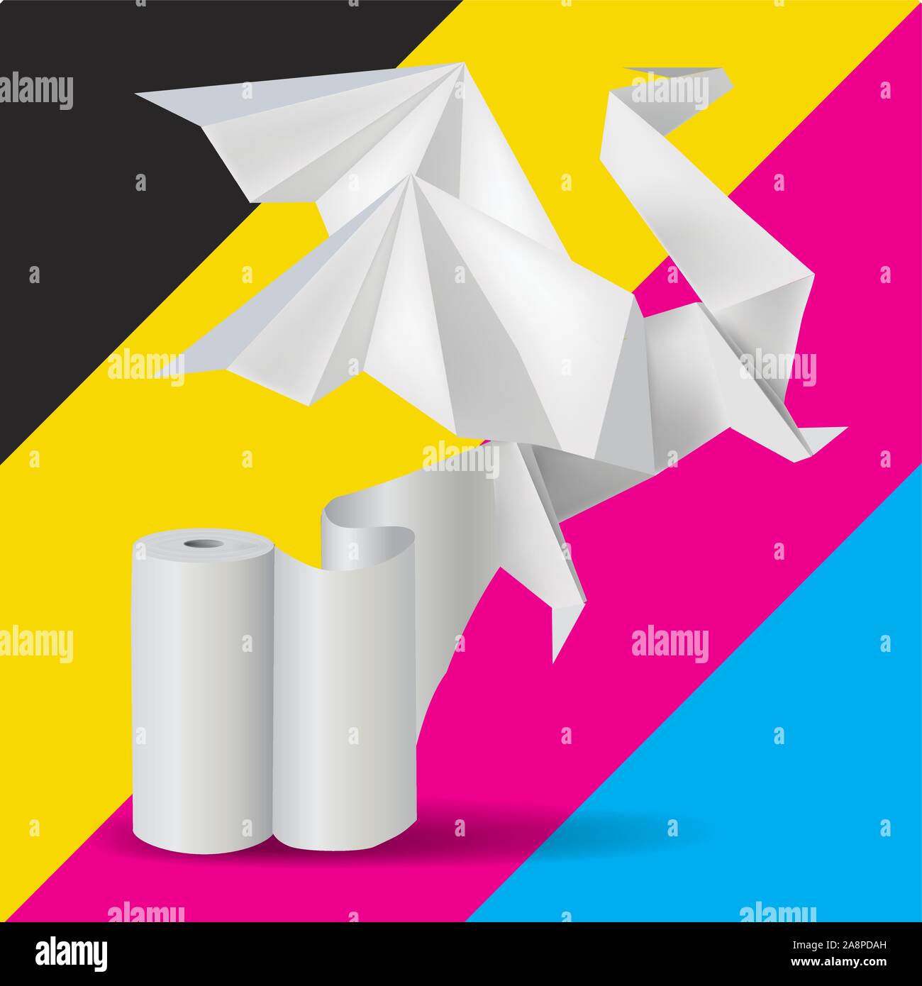 Origami Dragon with rool of paper on print color background ...