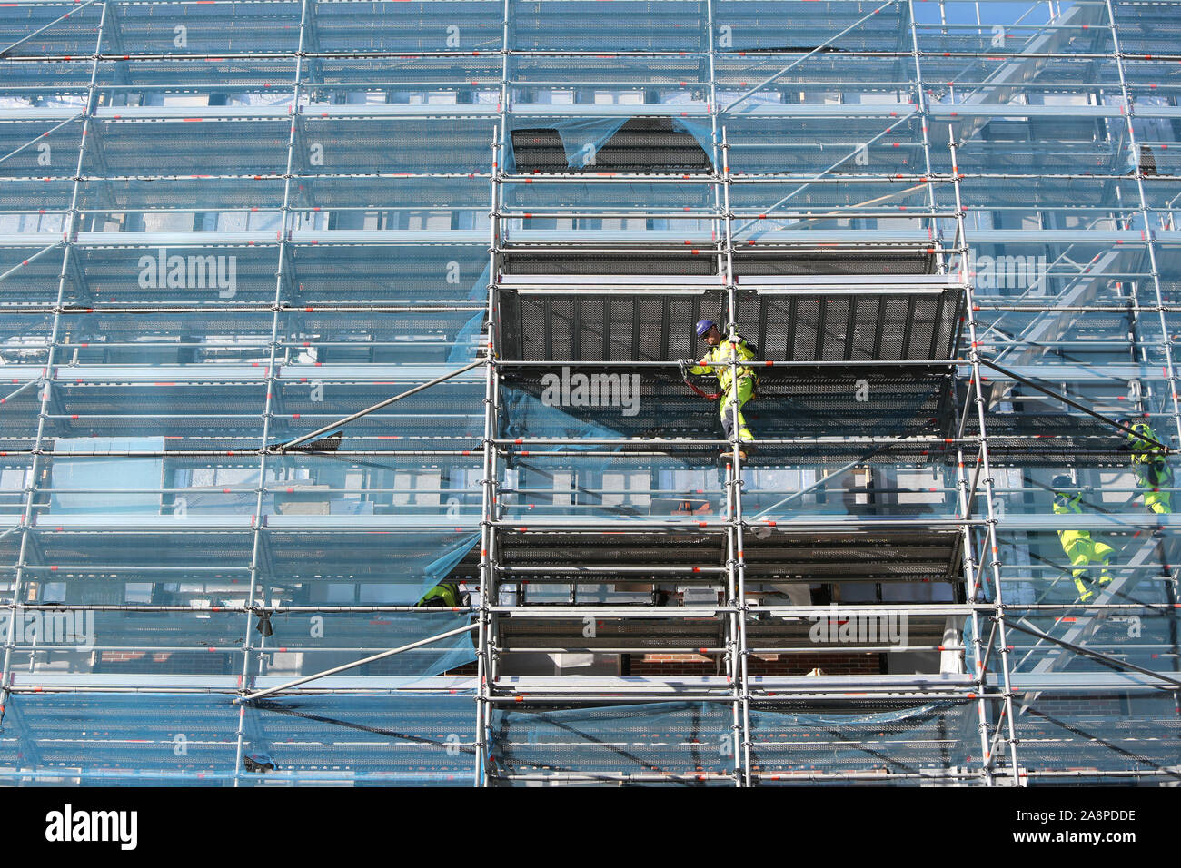 Scaffolding seen on the side of a new construction in Belfast, Northern ...