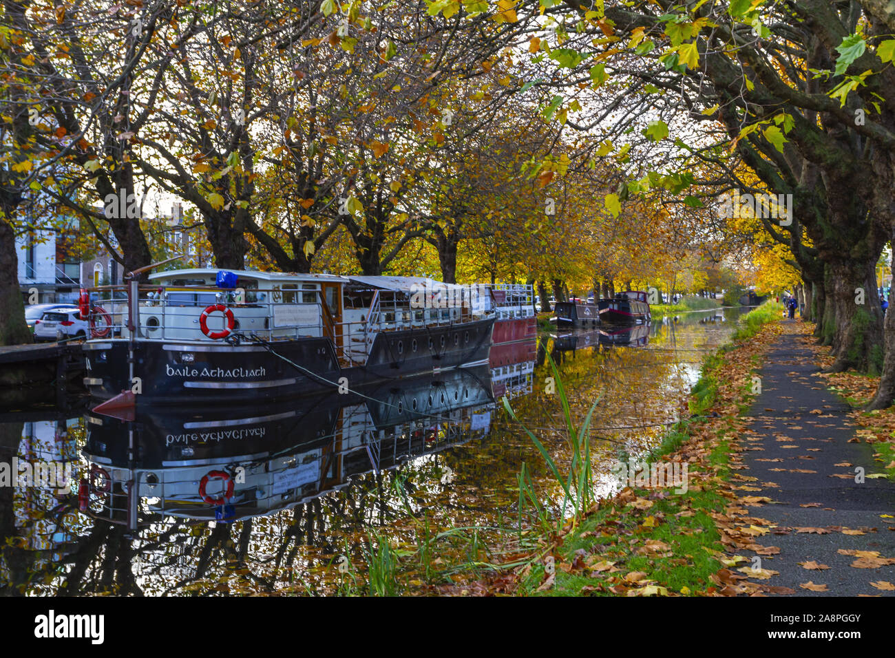 Autumn, Grand Canal Dublin Ireland. Canal barges, colorful trees and ...